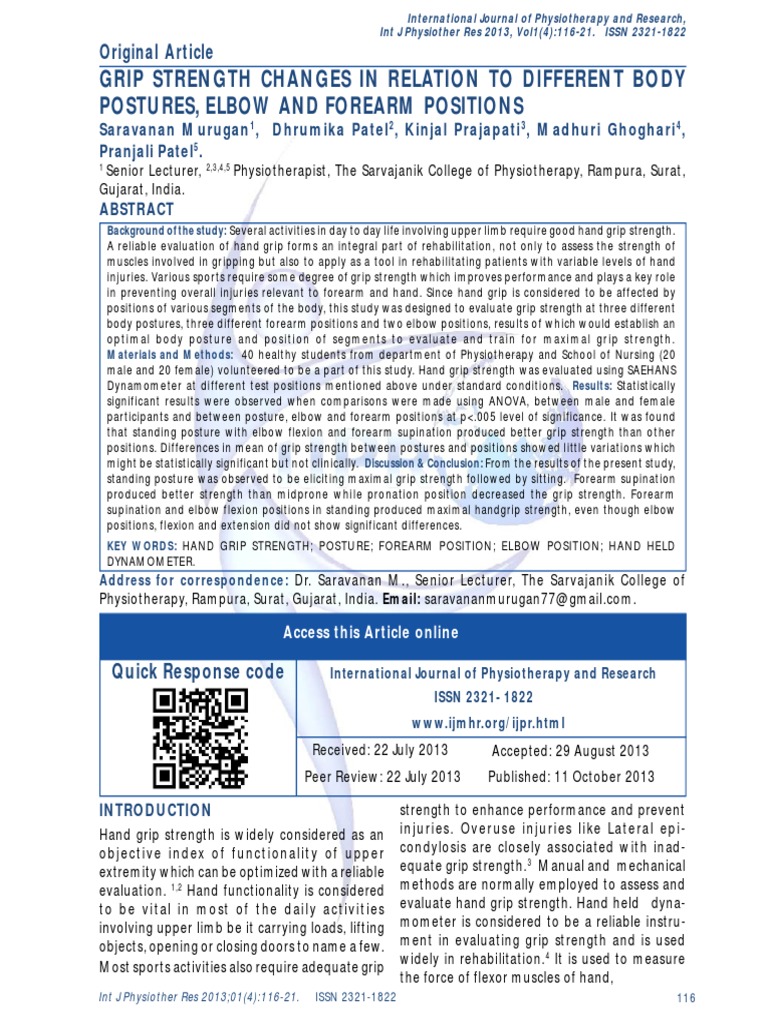 Grip Strength Changes in Relation To Different Body Postures, Elbow and ...