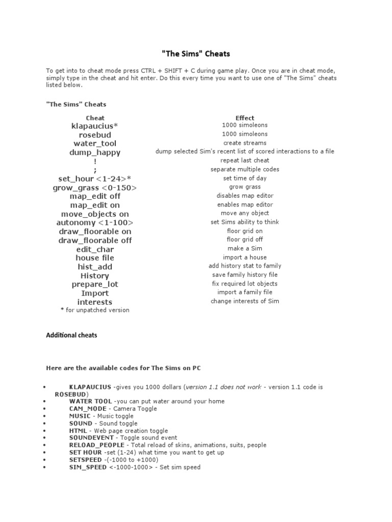 The Sims Cheats | PDF | Video | Cheating In Video Games