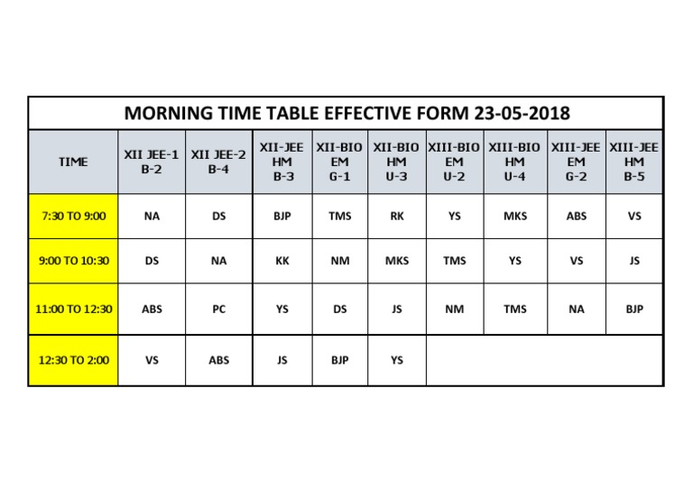 Morning Time Table for XII & XIII Classes | PDF