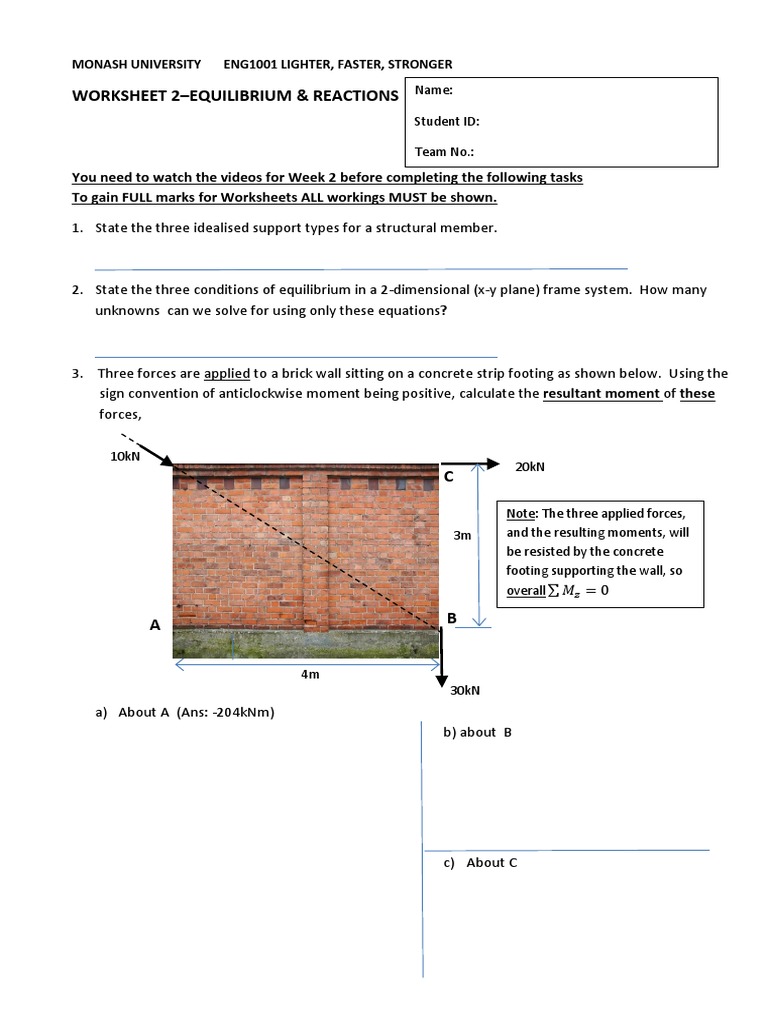 Structural Equilibrium Worksheet | PDF | Force | Beam (Structure)