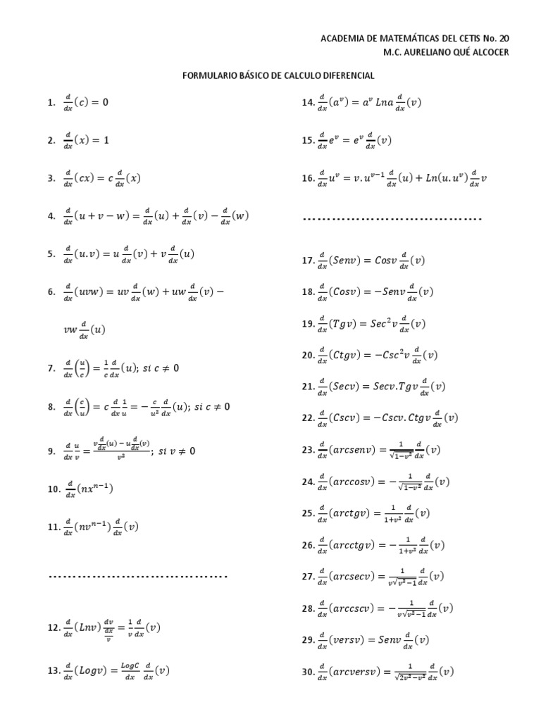 Formulario Básico de Calculo Diferencial | PDF | Logaritmo | Enseñanza de matemática