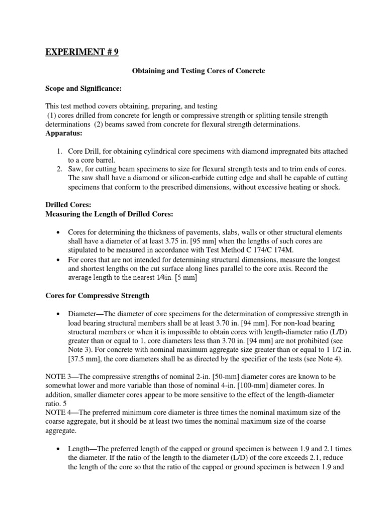 Experiment # 9: Obtaining and Testing Cores of Concrete Scope and ...