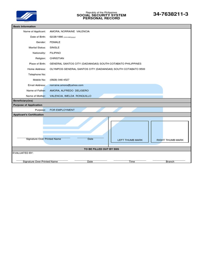 NOR - SSS Personal - Record - 3476382113 PDF | PDF