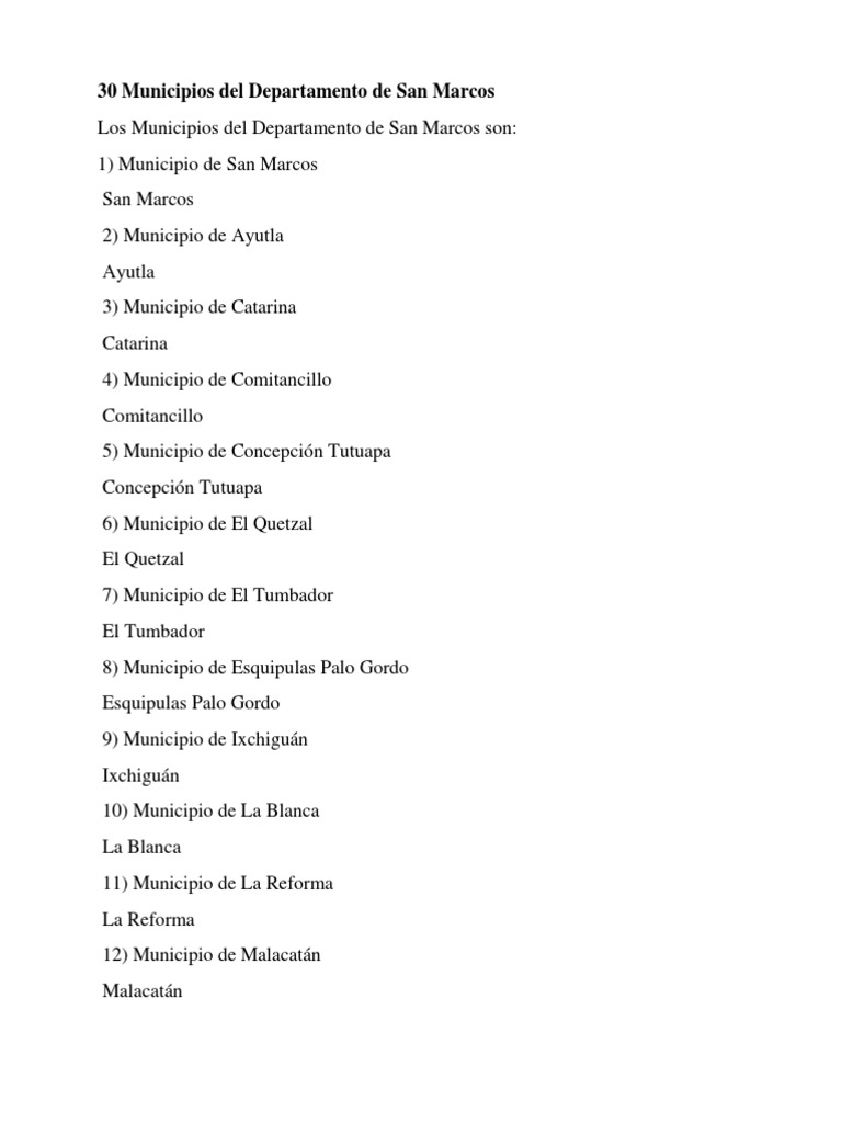 30 Municipios Del Departamento de San Marcos | PDF