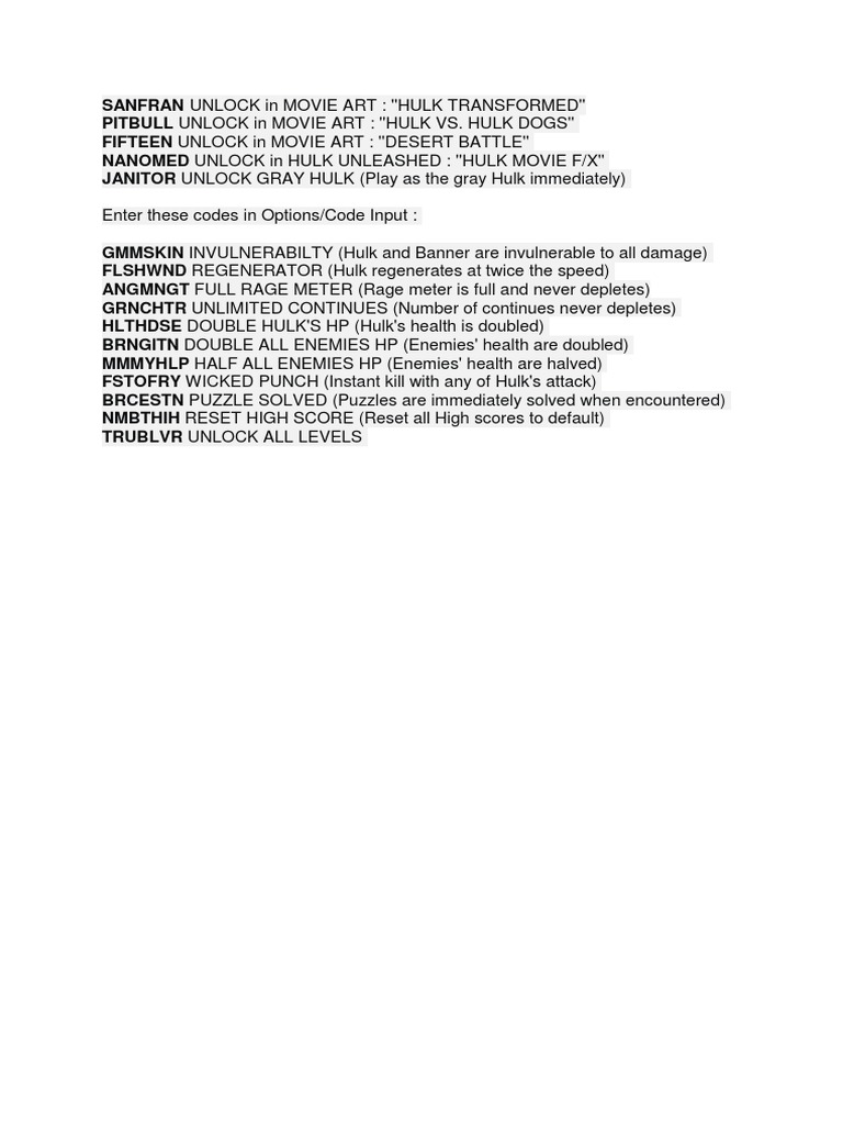 Hulk Game Unlock Codes and Cheats | PDF | Games & Activities | History