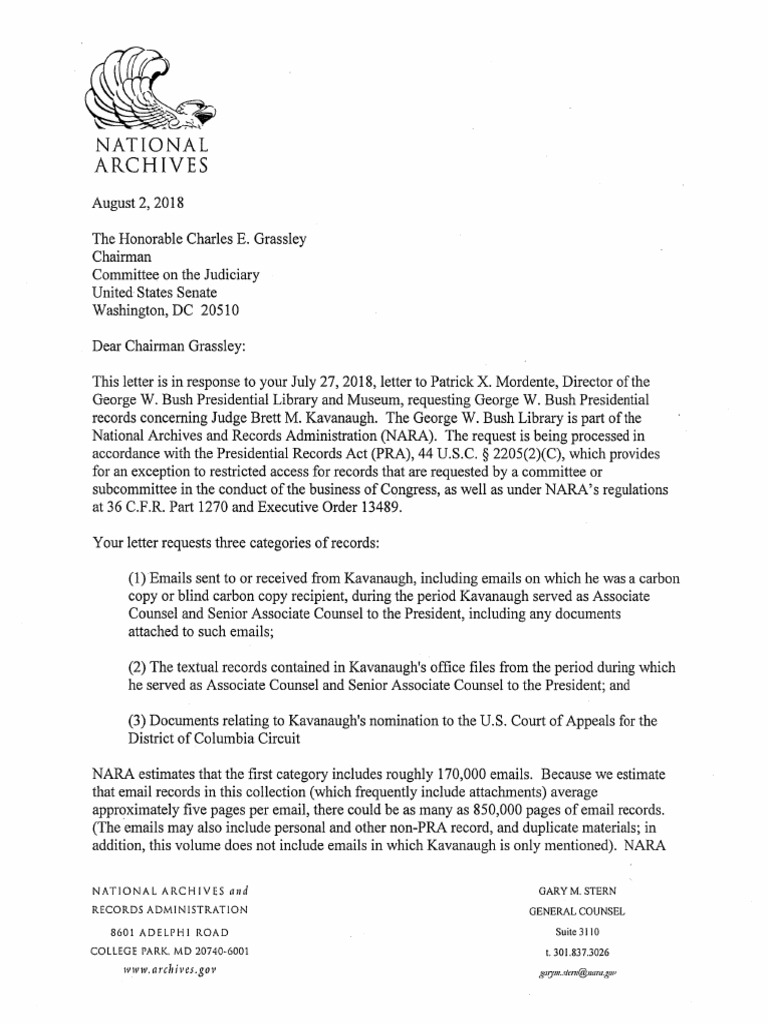 Stern Letter To Grassley 8-2-2018 | PDF | National Archives And Records ...