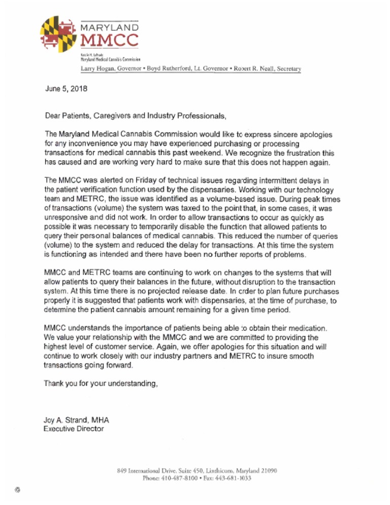 Maryland Medical Cannabis Commission Letter