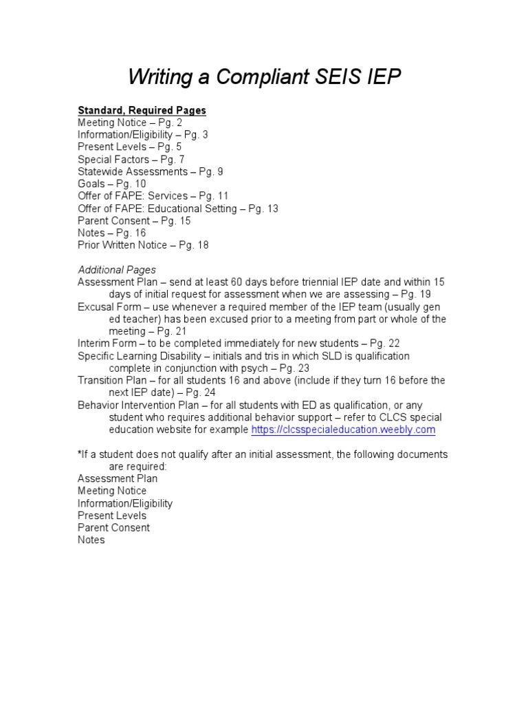SEIS IEP Compliance Guide | PDF | Individualized Education Program ...