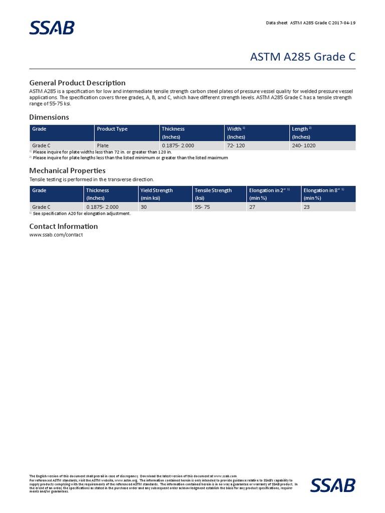 ASTM A285 Grade C: General Product Description | PDF | Specification ...