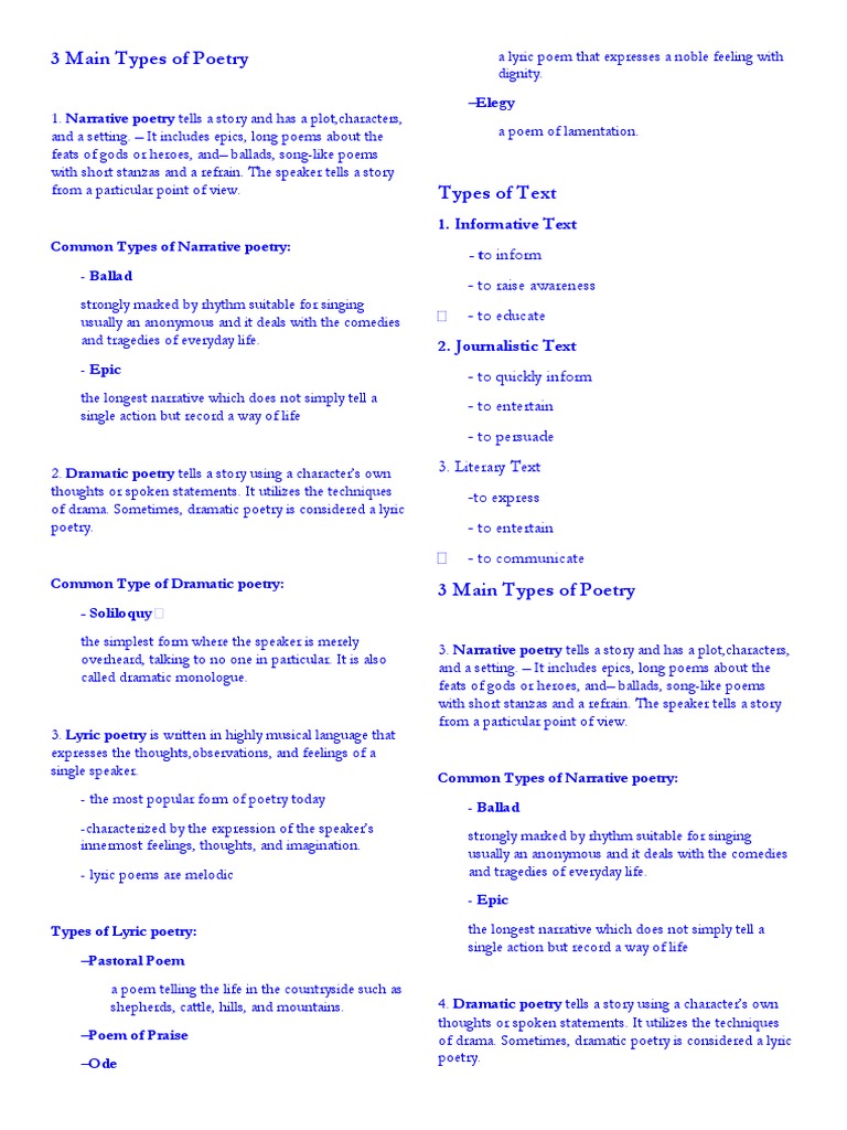 3 Main Types of Poetry | PDF | Monologue | Poetry