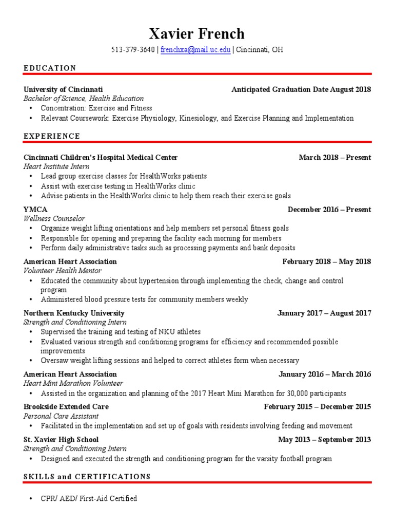 Xavier French Resume | PDF | Physical Fitness | Health Care