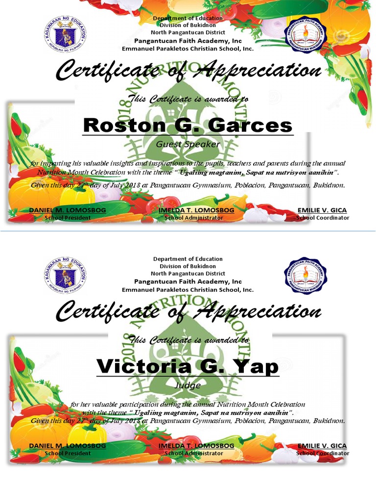 Sample Certificate For Nutrition Month