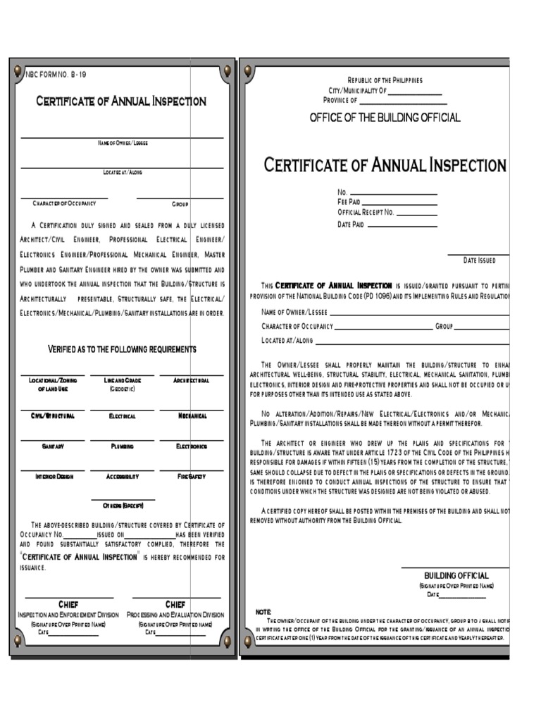Certificate of Annual Inspection | Architect | Plumbing