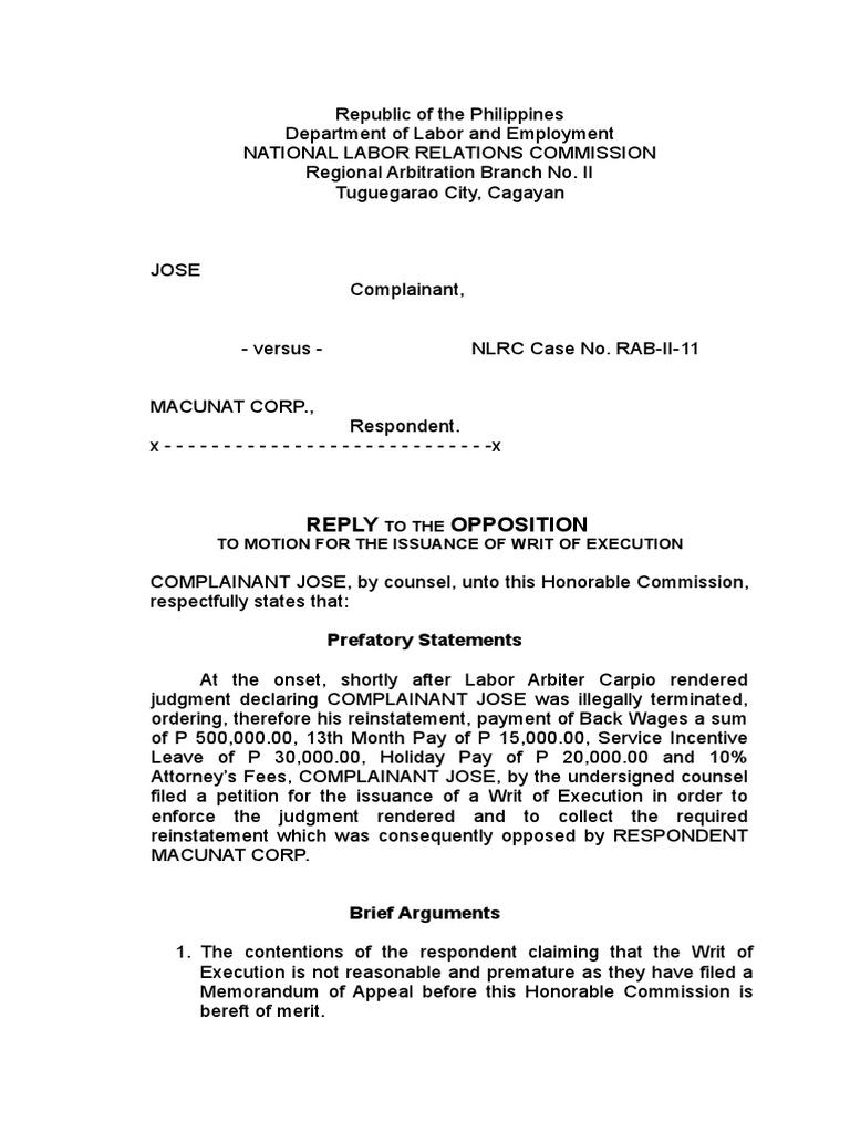 Jose - Reply To Opposition | PDF | Judgment (Law) | Arbitration