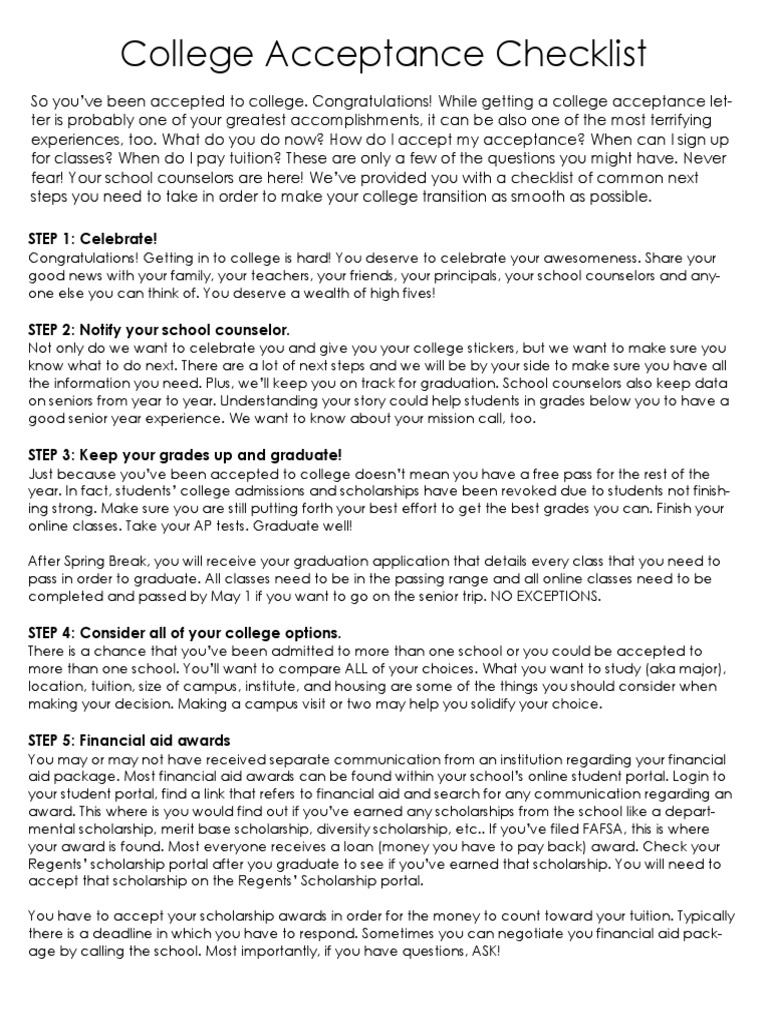 College Acceptance Steps | PDF | Behavior Modification | Students