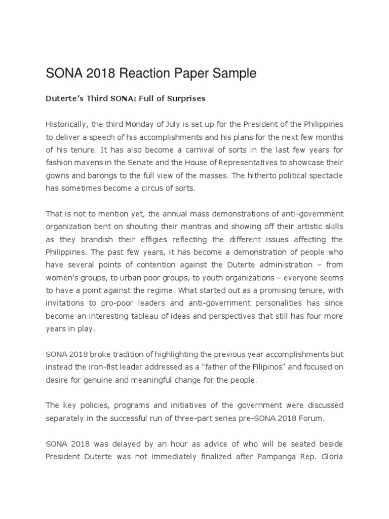 SONA 2018 Reaction Paper Sample | PDF | Rodrigo Duterte | President Of ...