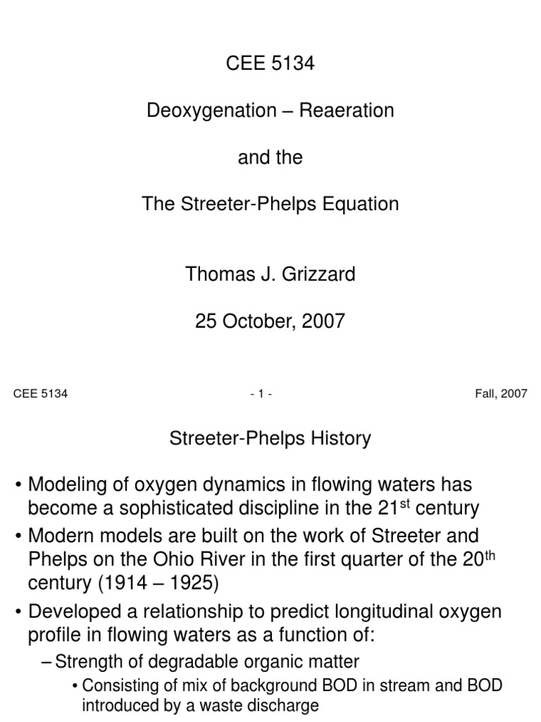 CEE 5134 Deoxygenation - Reaeration and The The Streeter-Phelps ...