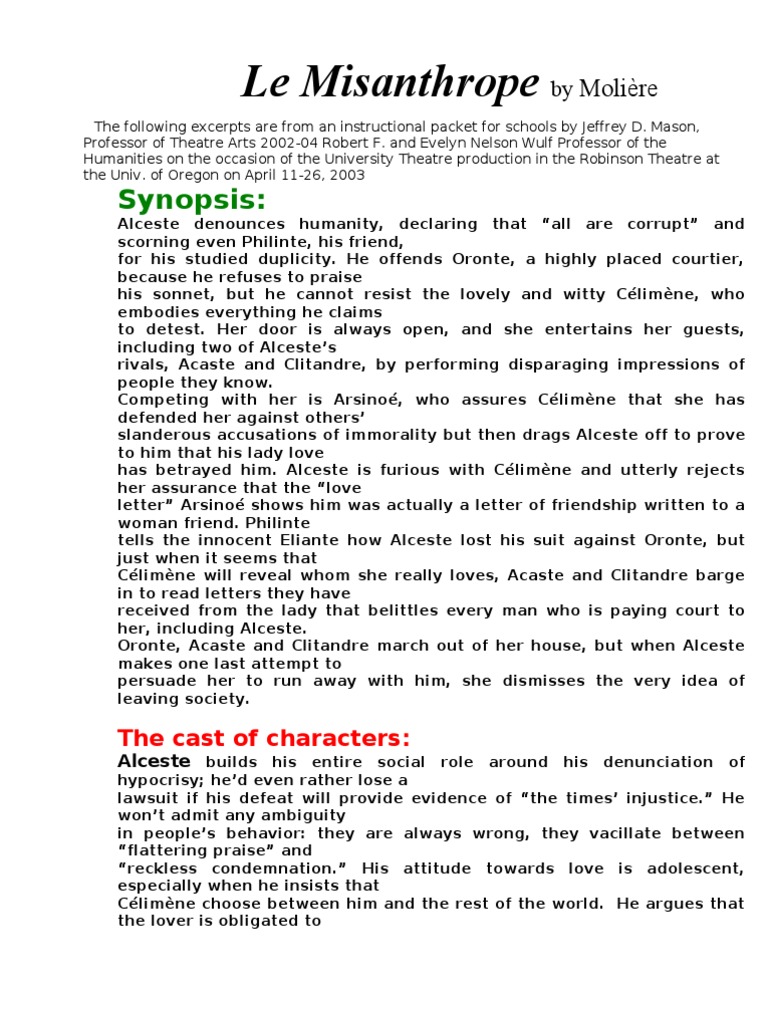 Le Misanthrope Synopsis and Moliere Bio | PDF | Molière | Theatre