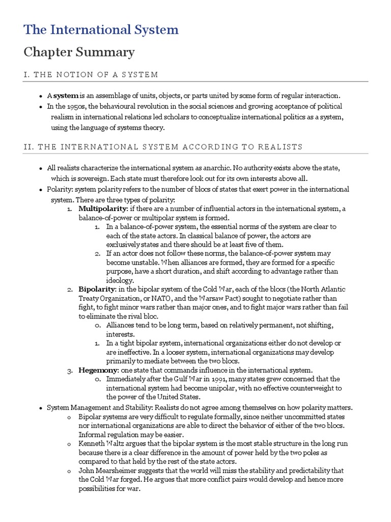Chapter Summary: The International System | PDF | Polarity ...