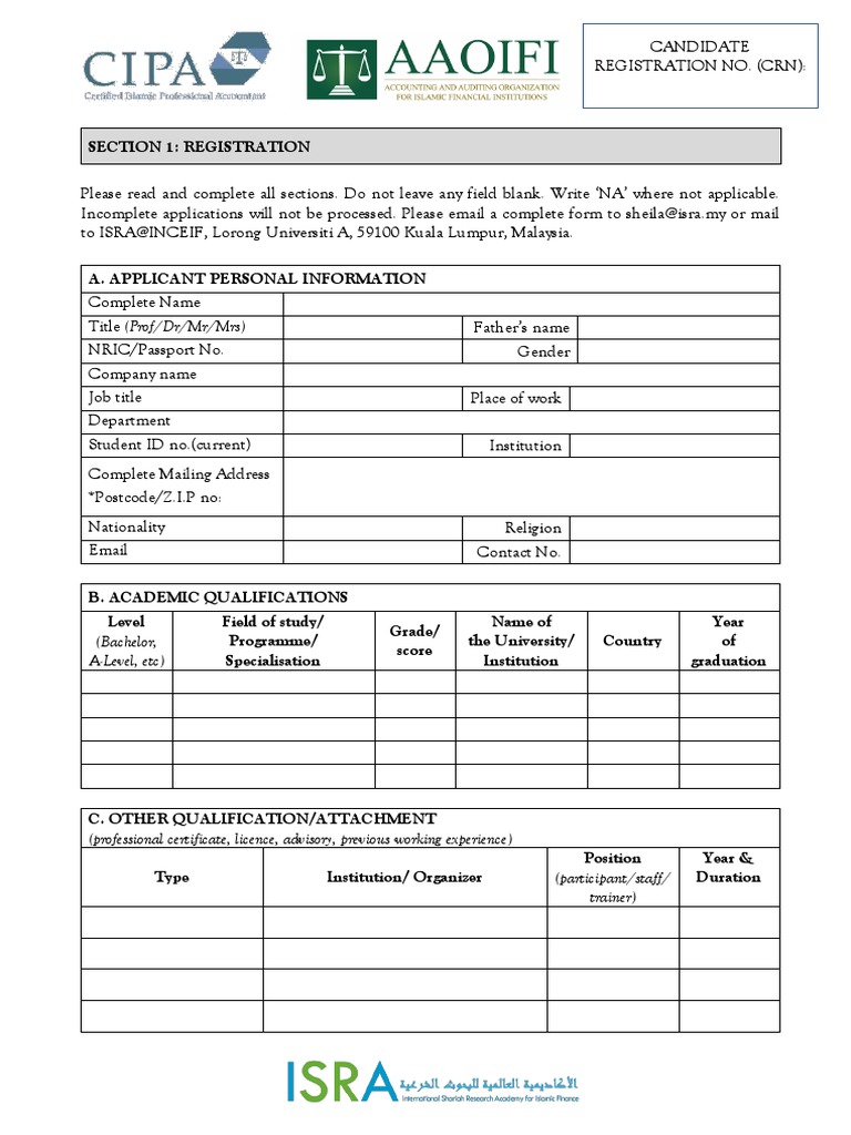 Registration Form Aaoifi Cipa 2018 PDF | PDF | Professional ...