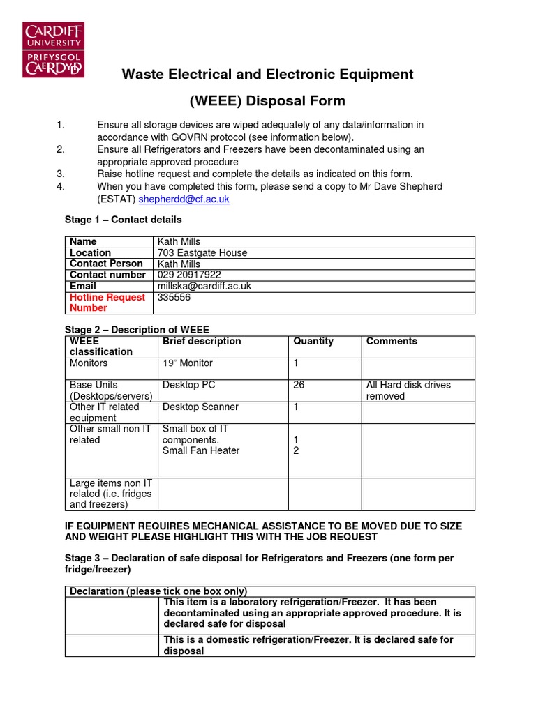 Waste Electrical and Electronic Equipment (WEEE) Disposal Form | PDF ...