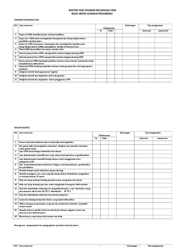 Daftar Tilik Pelayanan CSSD | PDF
