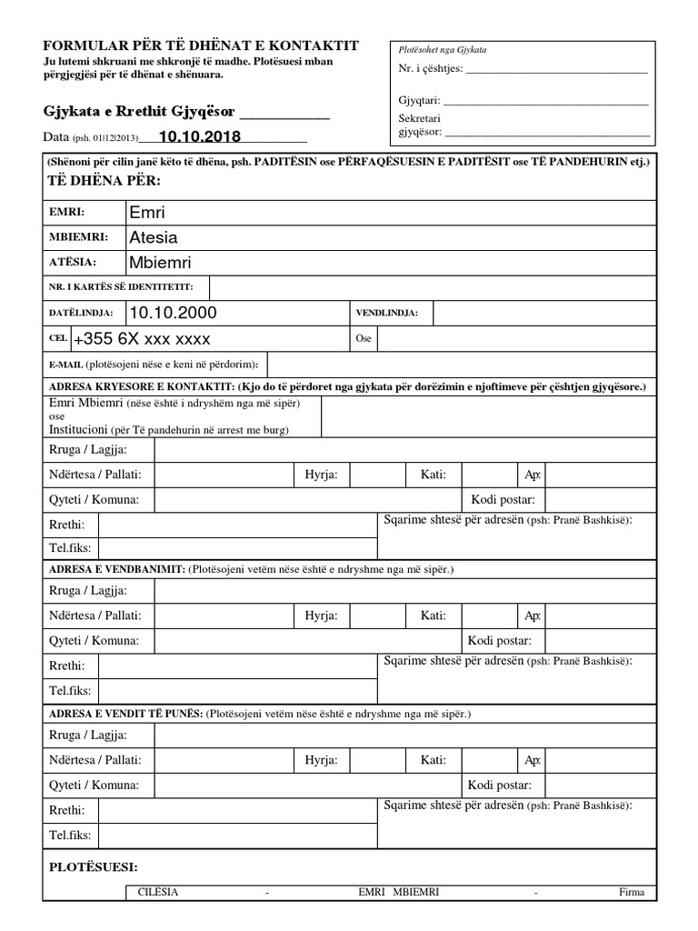 Formular Per Te Dhenat e Kontaktit - Per Plotesim Me Kompjuter | PDF