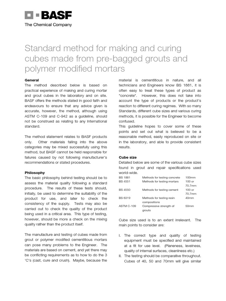 Making and Curing Grout Cubes Guide | PDF | Mortar (Masonry) | Porosity