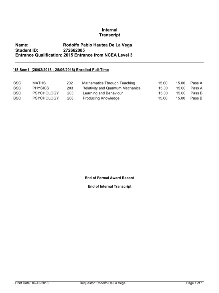 Internal Transcript Name: Rodolfo Pablo Hautea de La Vega Student ID ...