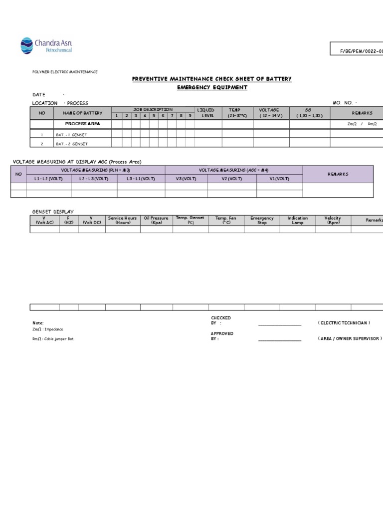 Preventive Maintenance Check Sheet of Battery Emergency Equipment | PDF ...