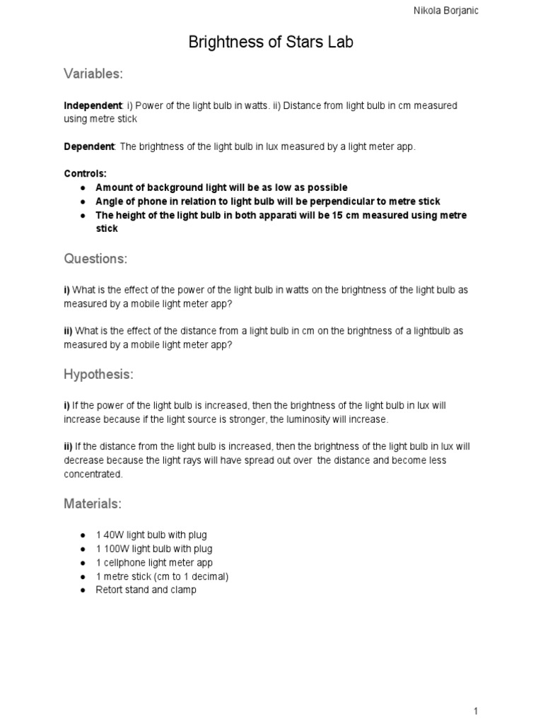 Brightness of Stars Lab | PDF | Scientific Observation | Atomic