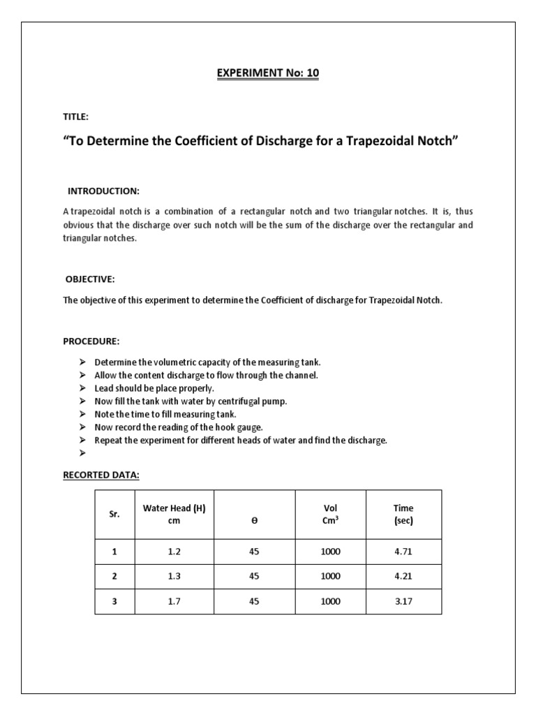 To Determine The Coefficient of Discharge For A Trapezoidal Notch | PDF ...