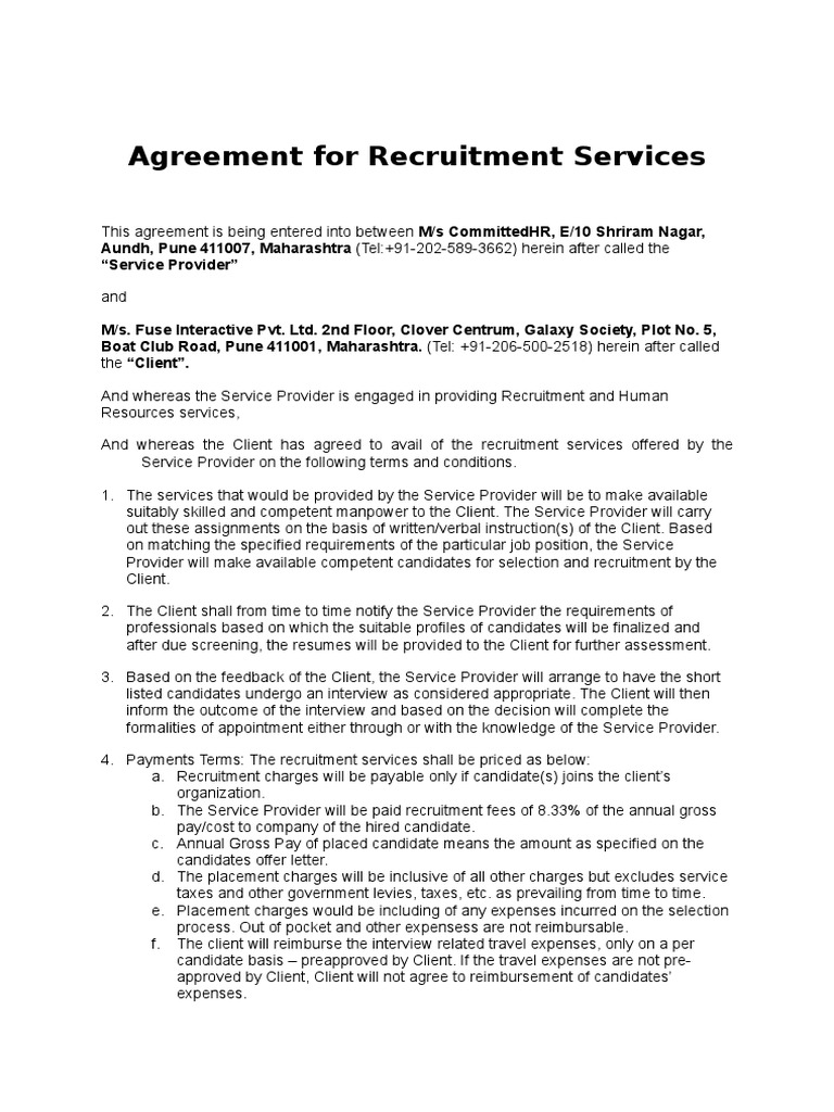 Agreement For Recruitment Services | PDF | Arbitration | Recruitment