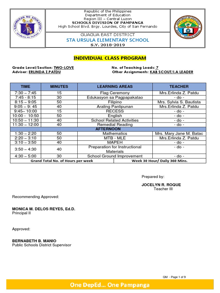Sta Ursula Elementary School: Individual Class Program | PDF | Schools ...