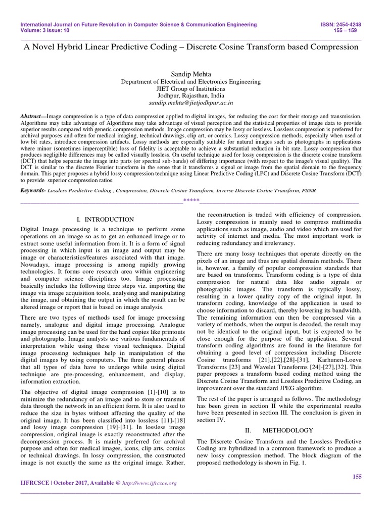 A Novel Hybrid Linear Predictive Coding - Discrete Cosine Transform Based Compression | PDF ...