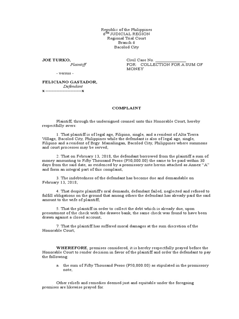 Sample Complaint For Collection For A Sum of Money | PDF | Plaintiff ...