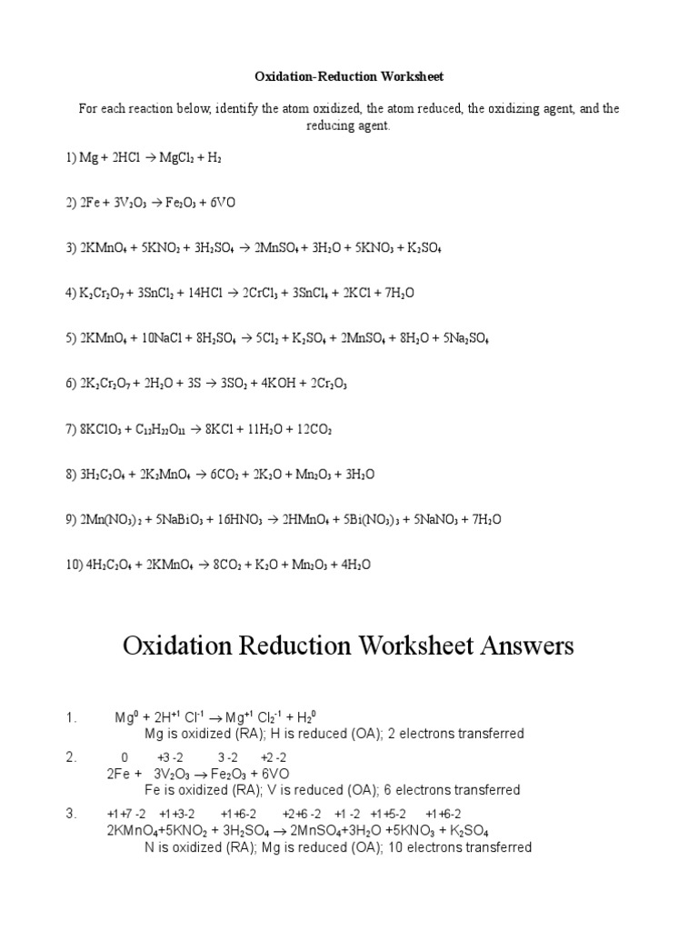 Oxidation-Reduction Worksheet | PDF | Redox | Atoms