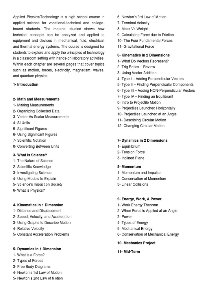 Applied Physics Course Outline | PDF | Force | Momentum