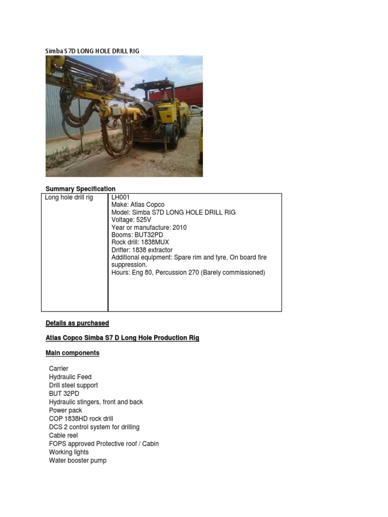 Simba s7d Long Hole Drill Rig | PDF | Drilling Rig | Brake