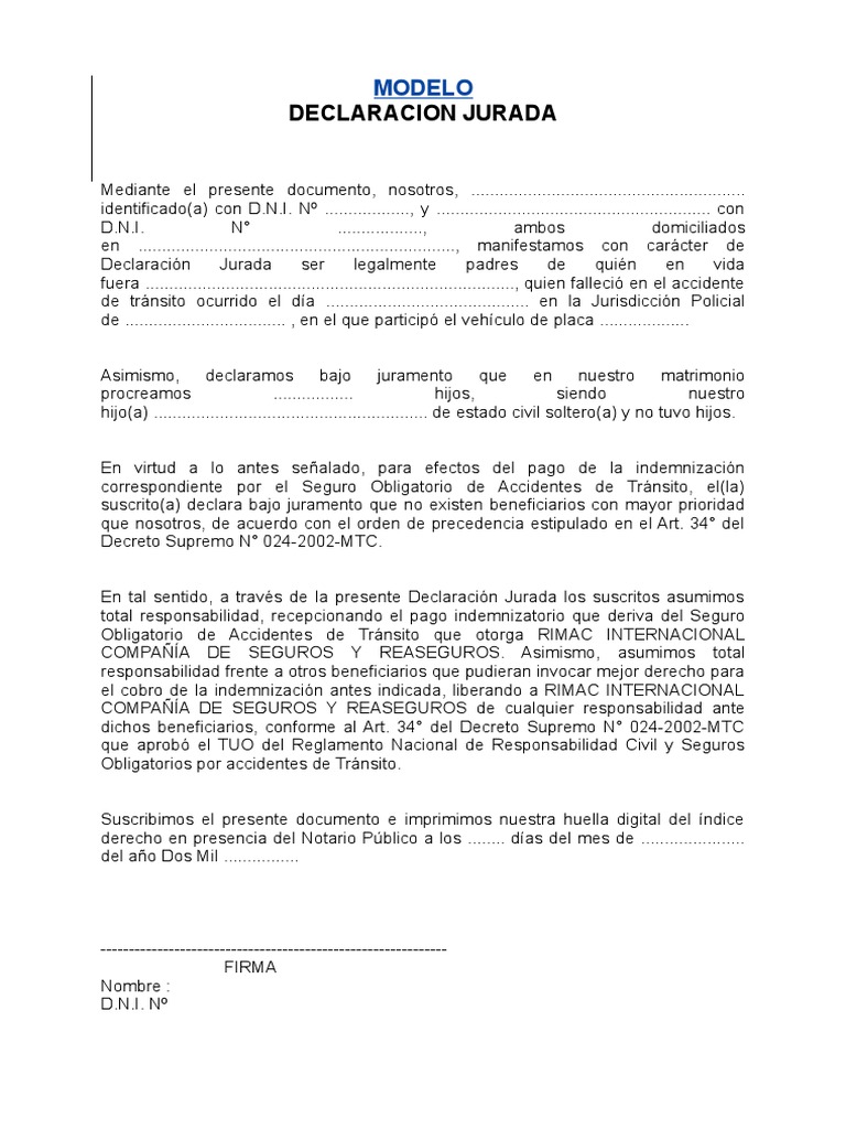 Modelo de Carta de Declaracion Jurada (Padres) Ok | Seguro | Instituciones sociales