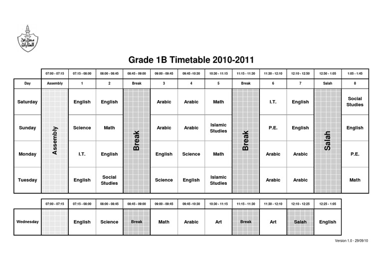Grade 1B Timetable v1.0 | PDF