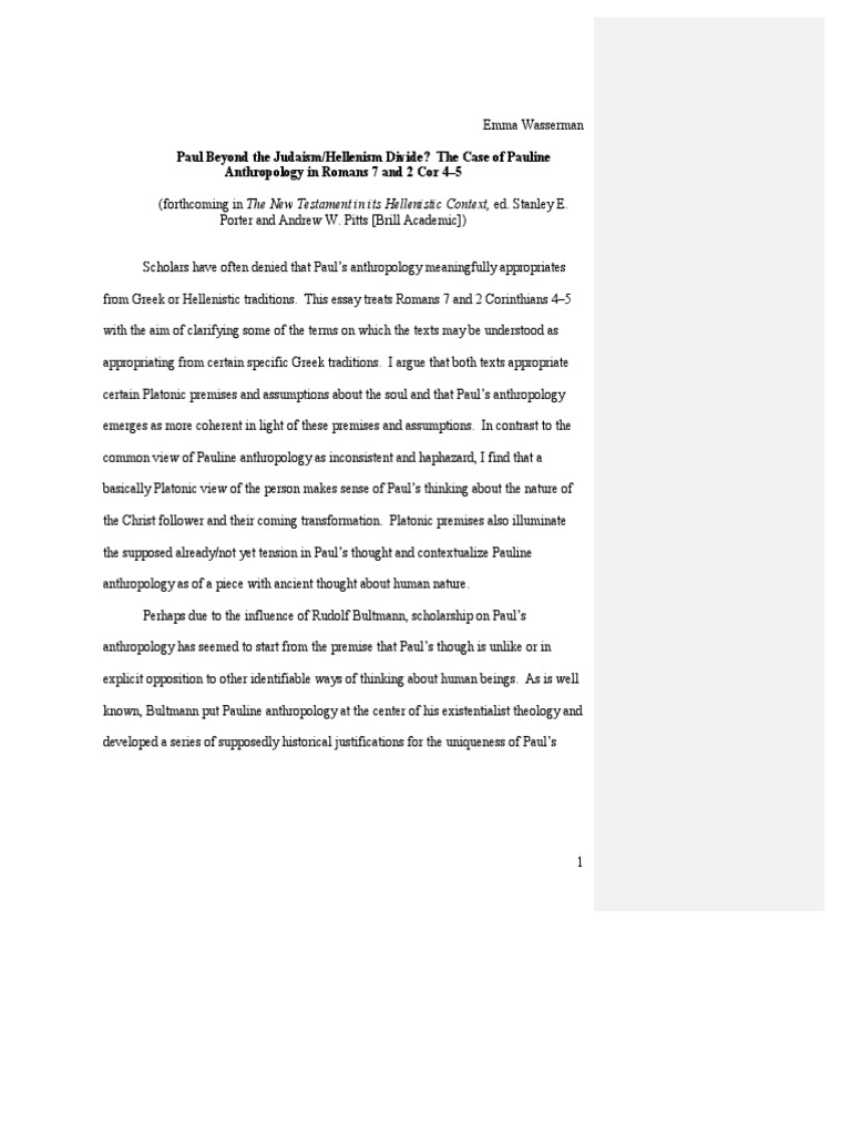 Emma Wasserman. Paul Beyond The Judaism Hellenism Divide | PDF ...