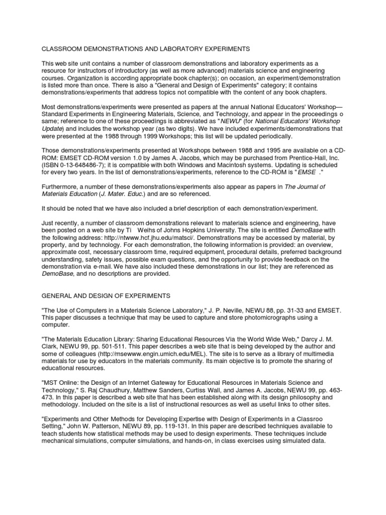 Hands-On Laboratory Experiments and Classroom Demonstrations for ...