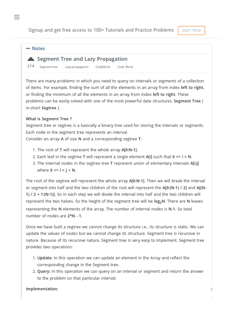 Segment Tree and Lazy Propagation - HackerEarth | PDF | Data Management ...