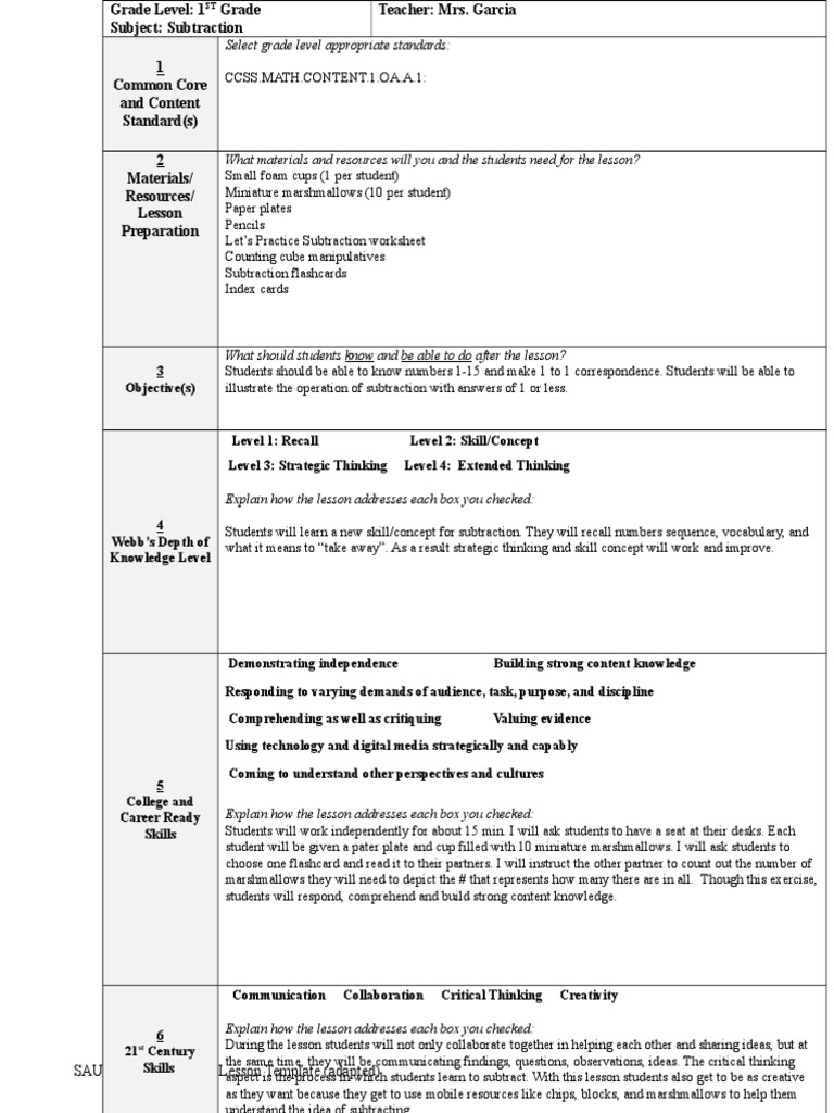 1st Grade Subtraction Lesson Plan | PDF | Common Core State Standards ...
