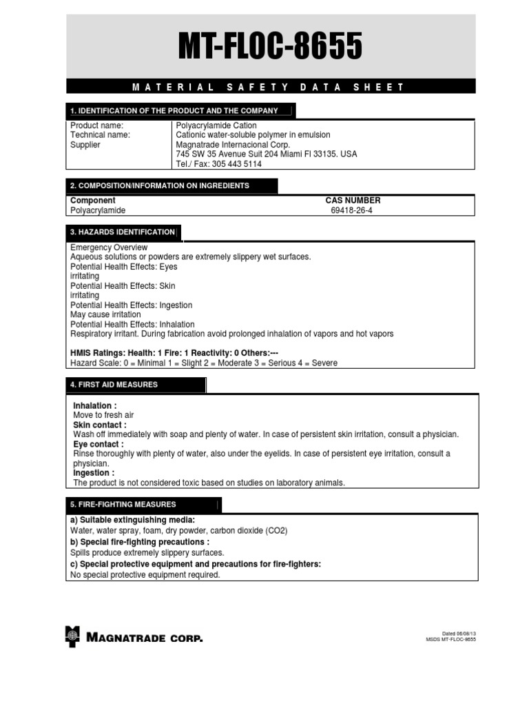 Msds Mt-Floc-8655 (1) (Ingles) | PDF | Toxicity | Hygiene