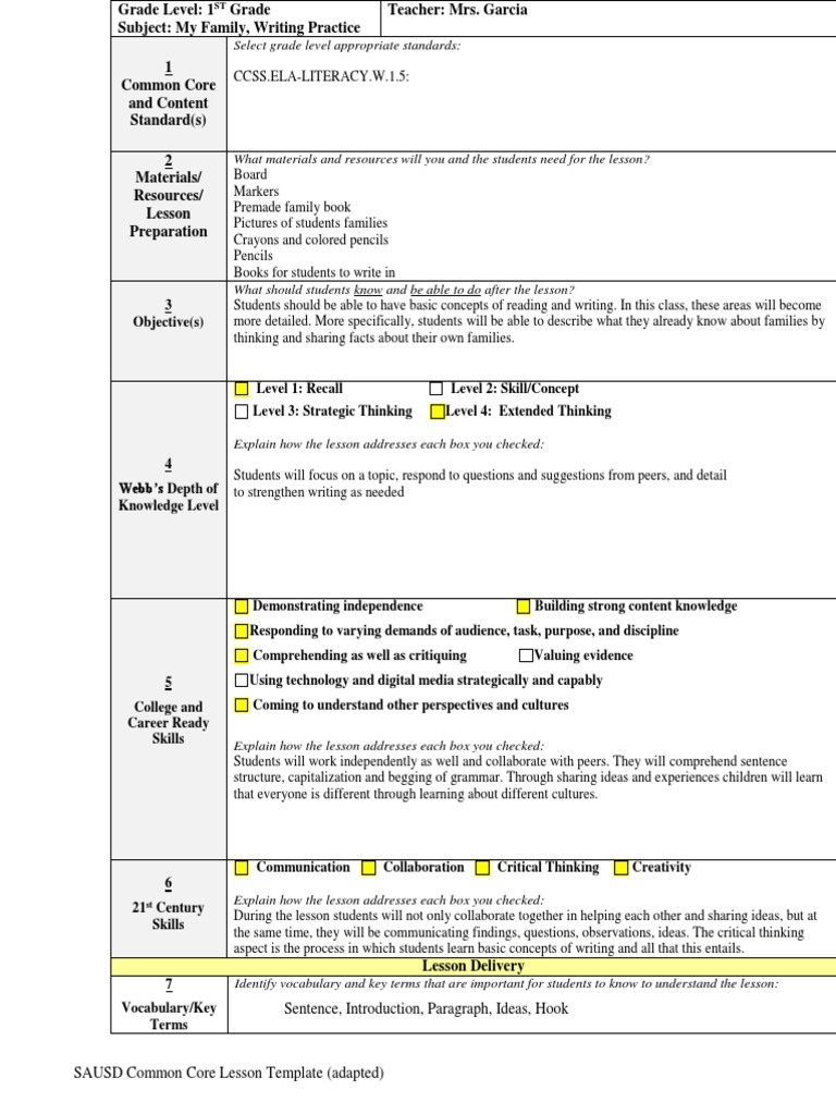 1st Grade Family Writing Lesson Plan | PDF | Common Core State ...