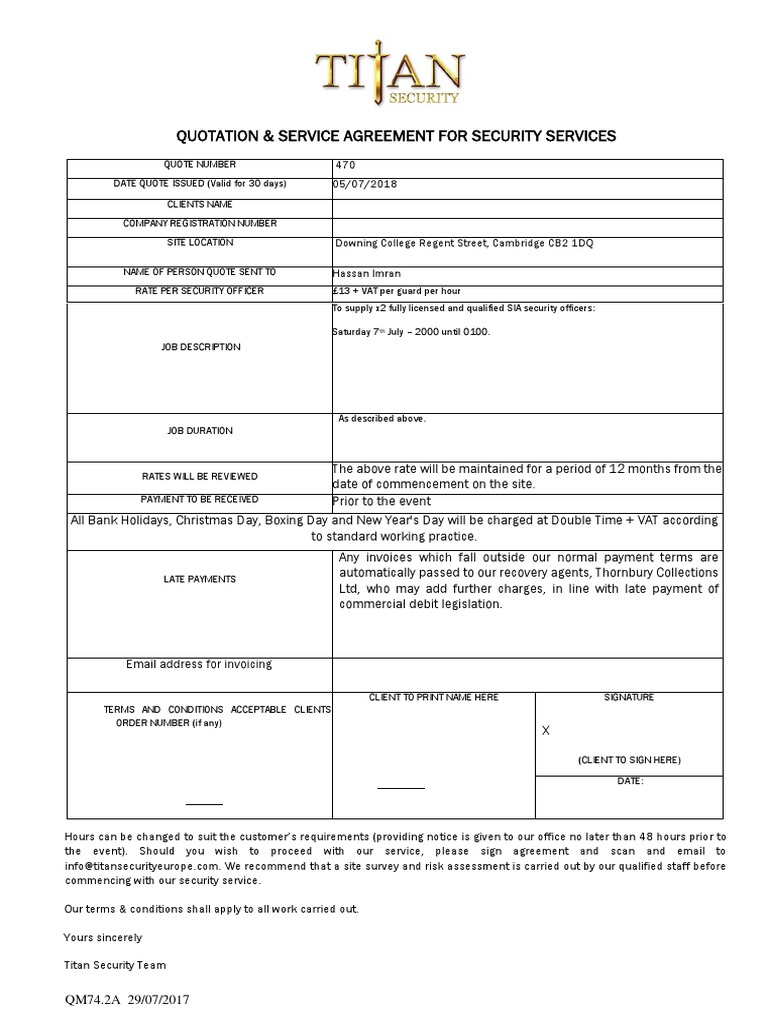 Quotation & Service Agreement For Security Services | PDF | Insurance ...