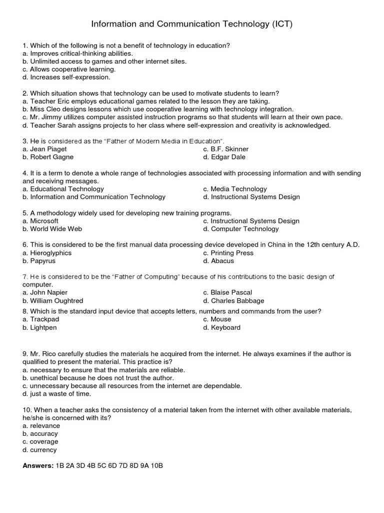 Information and Communication Technology (ICT) : Answers: 1B 2A 3D 4B ...