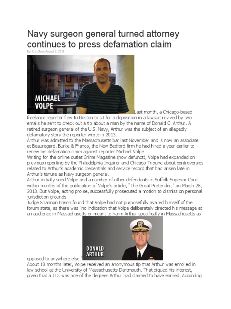 Story About Donald C Arthur Suing Michael Volpe | PDF | Defamation ...